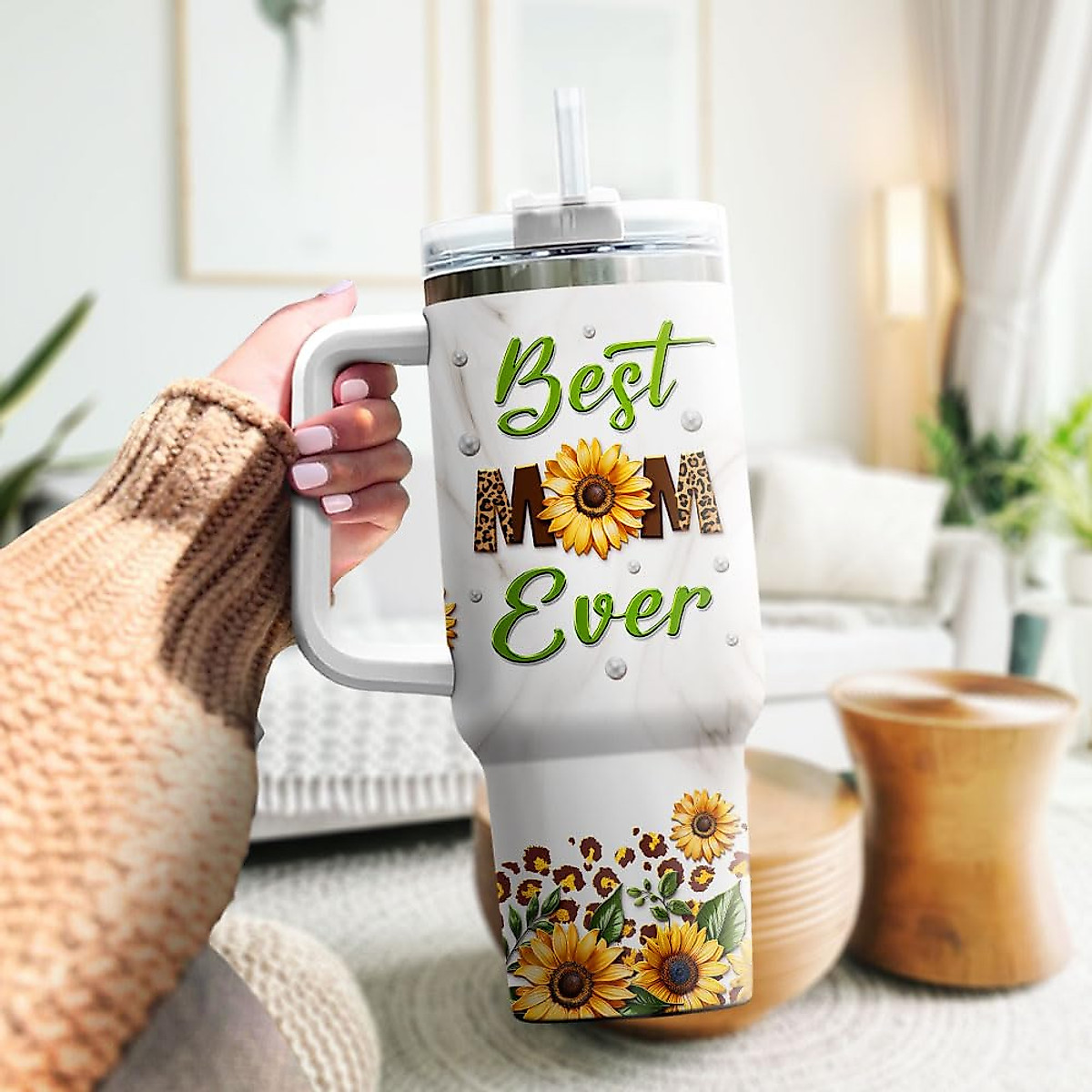 99OWL Cups Straws Coffee Black Water Green Simple Cup Be Tumblers Print Handle Day, Best Mom Ever Gifts, Tumbler 40 Oz With Handle Lid And Straw, Mom Carving Leopard Sunflower