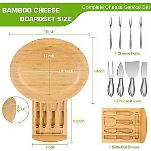 WoneNice Oval Cheese Board Set with Hidden Cutlery Drawer and 4 Stainless Steel Knife & 4 Cheese Forks, 16X13 inches Extra Spaces Serving Board, Gifts for Christmas, Birthday/Parties, Wedding/Annivers