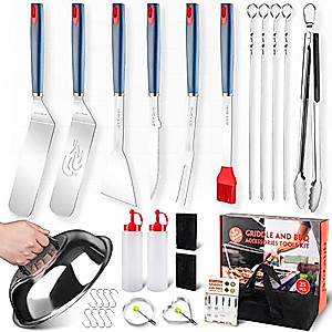 Griddle Accessories kit for Blackstone, 27 PCS Flat Top Grill Accessories with 17.4 Inch Extra Long Griddle Spatula Scraper and Basting Cover, Griddle Tools Set for Outdoor, Hibachi and Teppanyaki