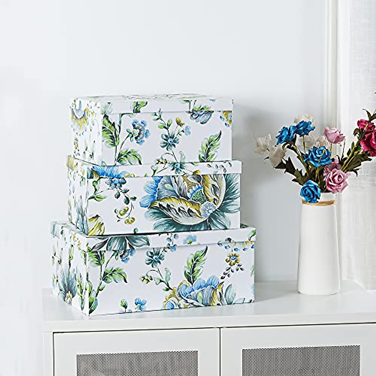 Soul & Lane Breezy Bloom Floral Storage Boxes with Lid - Set of 3: Home Décor Memories Cartons, Nesting Decorative Photo Storage Containers, Flower Paperboard Keepsake Bins, Cardboard File Boxes