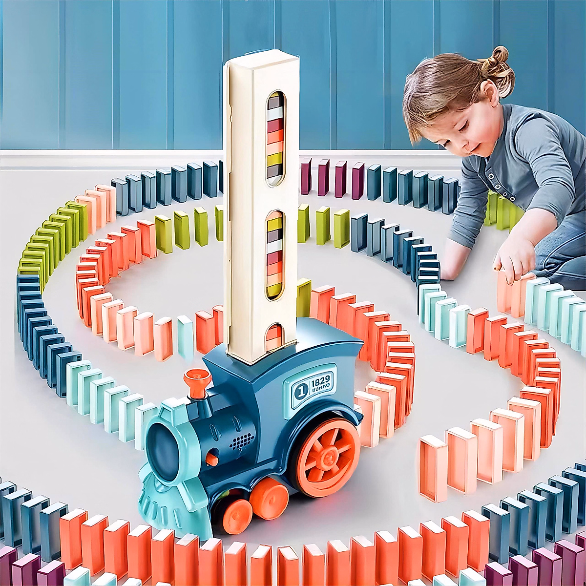 DAWUSU 200 PCS Automatic Domino Train Toy Set,Fun Domino Games for Kids,Domino Games for Boys and Girls Age 3-8