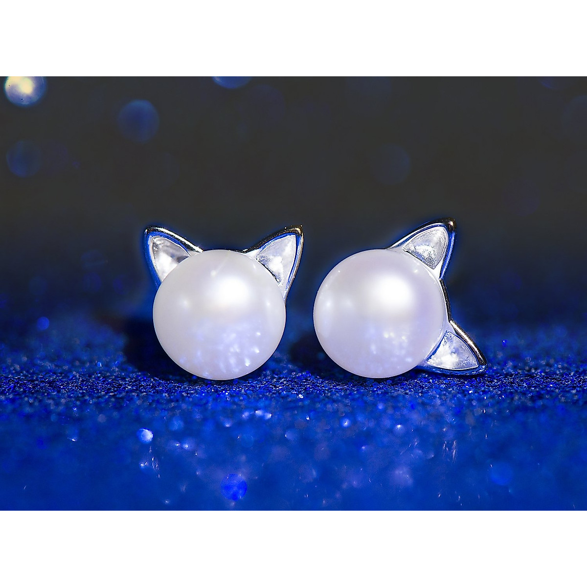 Wicary Cat Ear Earrings Sterling Silver Cultured Freshwater Pearl Stud Earrings