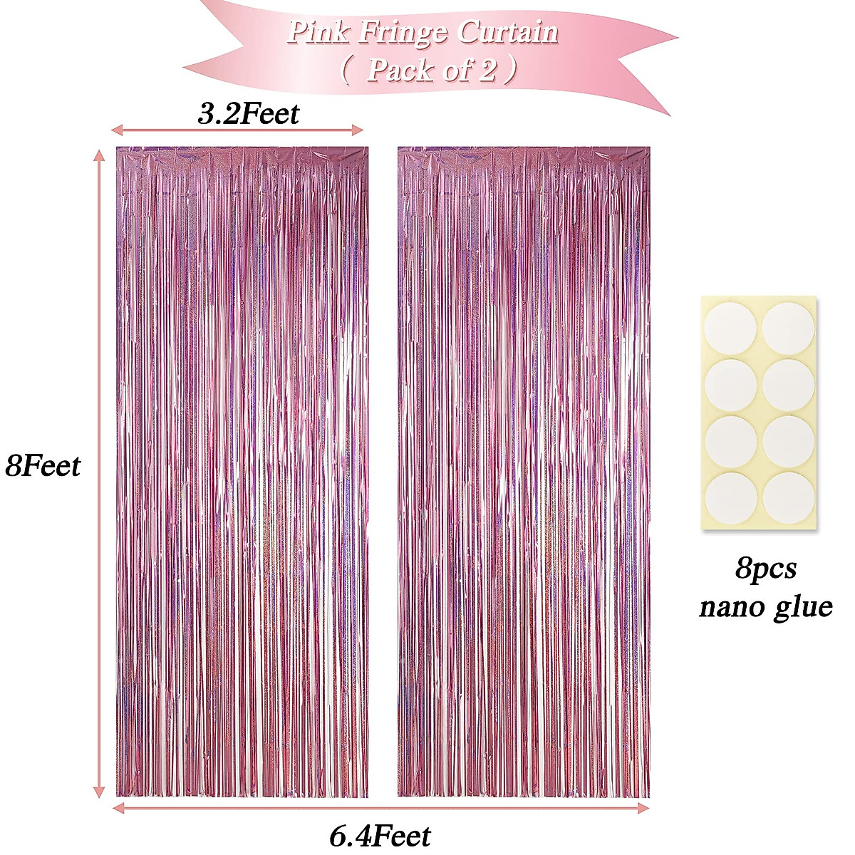 RUBFAC Pink Tinsel Backdrop for Pink Party Decorations, Pink Foil Fringe Curtain, 6.4x8 Feet, Pack of 2, Pink Streamers Decorations for Princess Birthday Bachelorette Wedding