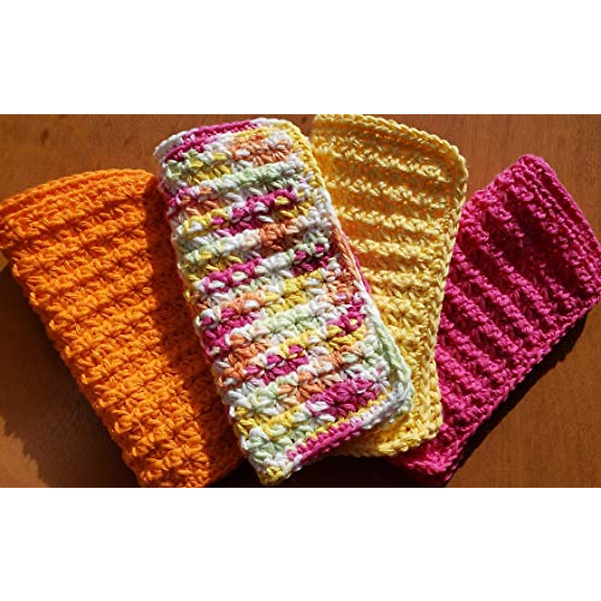Handmade crochet washcloths, dishcloths * thick and dense* 100% cotton set of 4 (Ovr rainbow, dark pink, coral and yellow colors)