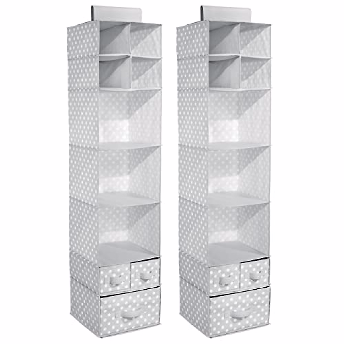 mDesign Soft Fabric Over Closet Rod Hanging Storage Organizer with 7 Shelves and 3 Removable Drawers for Child/Kids Room or Nursery - Polka Dot Pattern - 2 Pack - Light Gray with White Dots