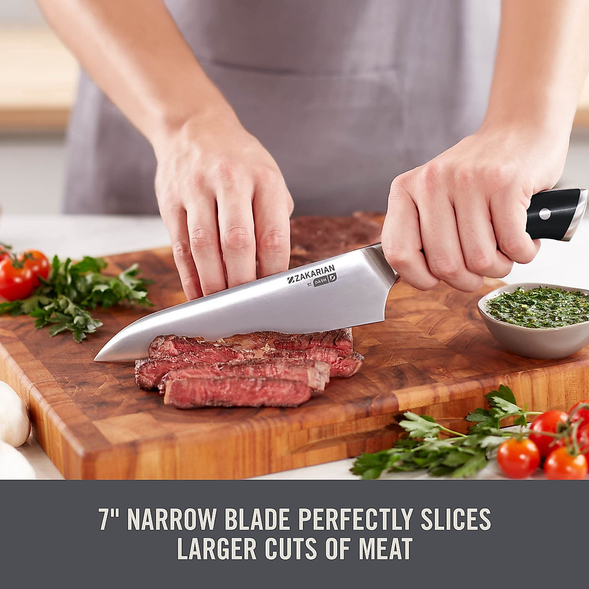 DASH Zakarian 7" Chef Knife, High Carbon German Stainless Steel Kitchen Knife with Sheath, Black