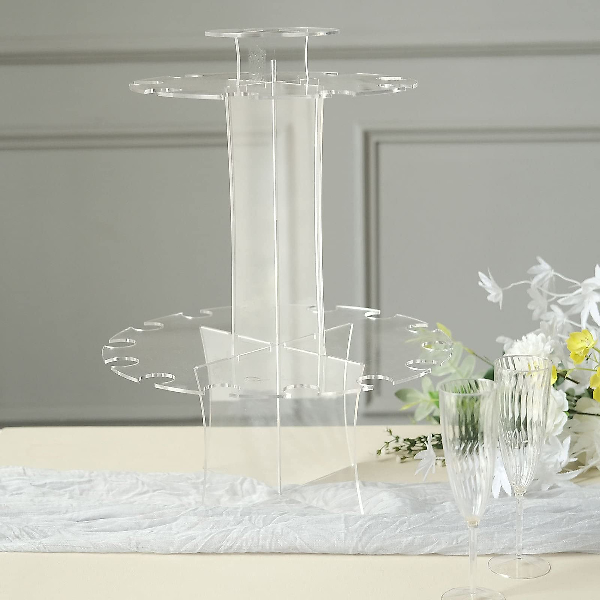 TABLECLOTHSFACTORY 3-Tier Round Clear 21" Acrylic Champagne Glasses Flutes Display Stand, Wine Glass Rack Tower - Holds 23 Stemware + 1 Bottle
