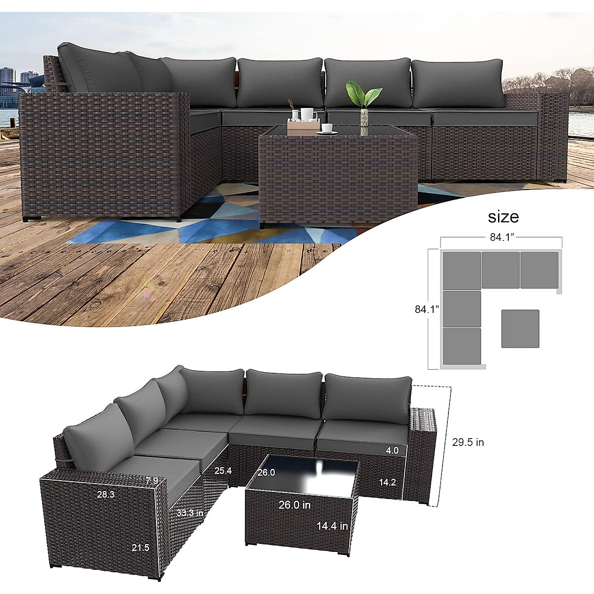 Kullavik Outdoor Patio Furniture Set 6 Pieces Sectional Rattan Sofa Set Brown PE Rattan Wicker Patio Conversation Set with 5 Grey Seat Cushions and 1 Tempered Glass Table