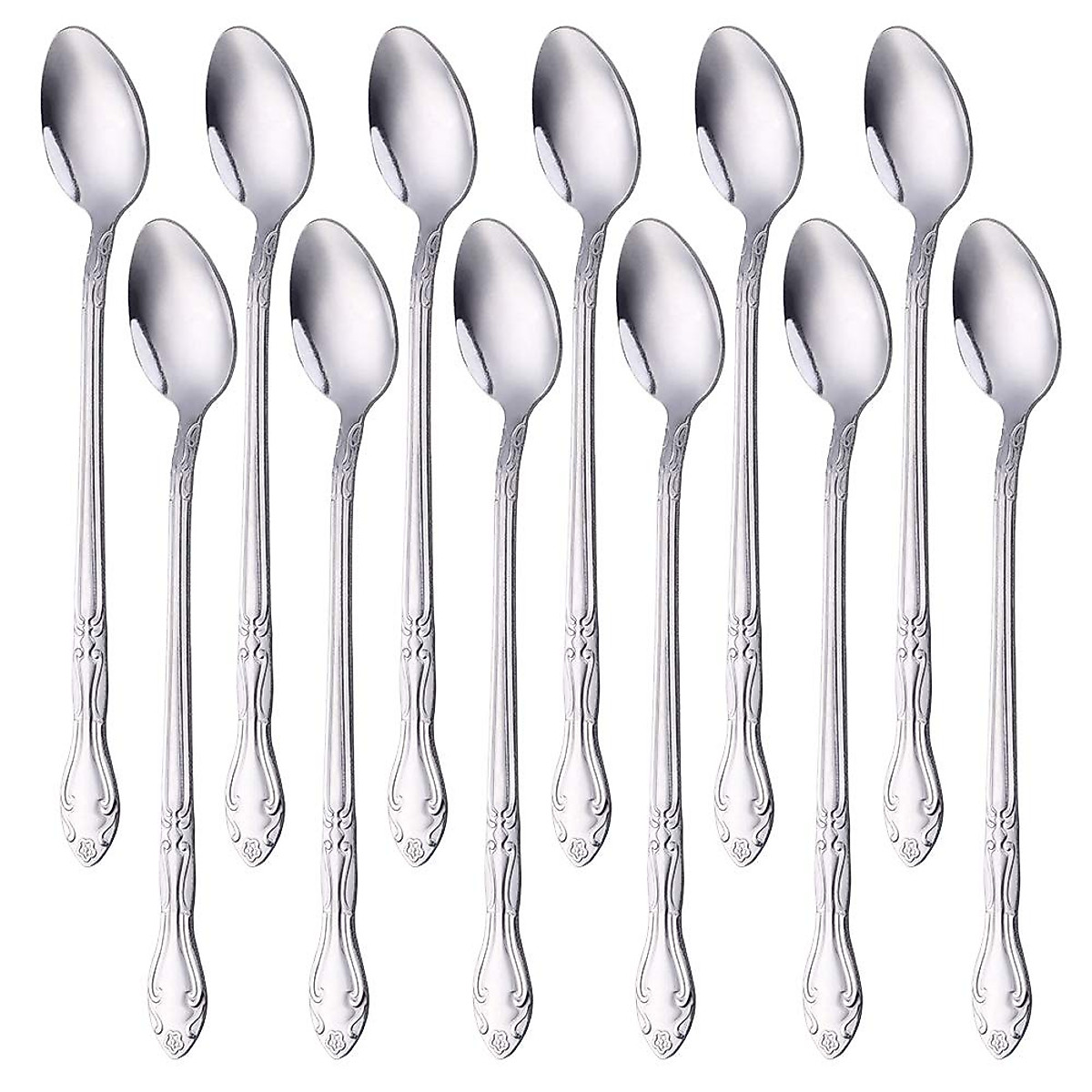 Long Iced Teaspoon 8-Inch Cold Drink Stirring Spoon, BYEGOU 12 PCS Stainless Steel Mixing Spoons Silverware Flatware Set