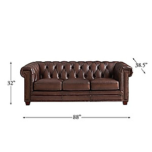 Hydeline Stanwood Top Grain Leather Sofa Couch, 89'', Caramel Brown