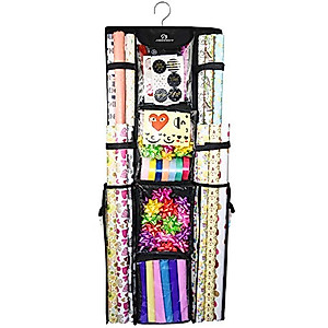 Freegrace Double Sided Hanging Gift Wrap Organizer | Large 16" x 41" Wrapping Paper Rolls Storage Bag | Tearproof & Space Saving Closet Gift Bag Organization Solution (Black)