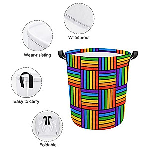 Rainbow Waterproof Laundry Baskets Colorful Lines Collapsible Laundry Hamper with Handles Large Round Toy Bin for Dirty Clothes,Kids Toys,Bedroom,Bathroom