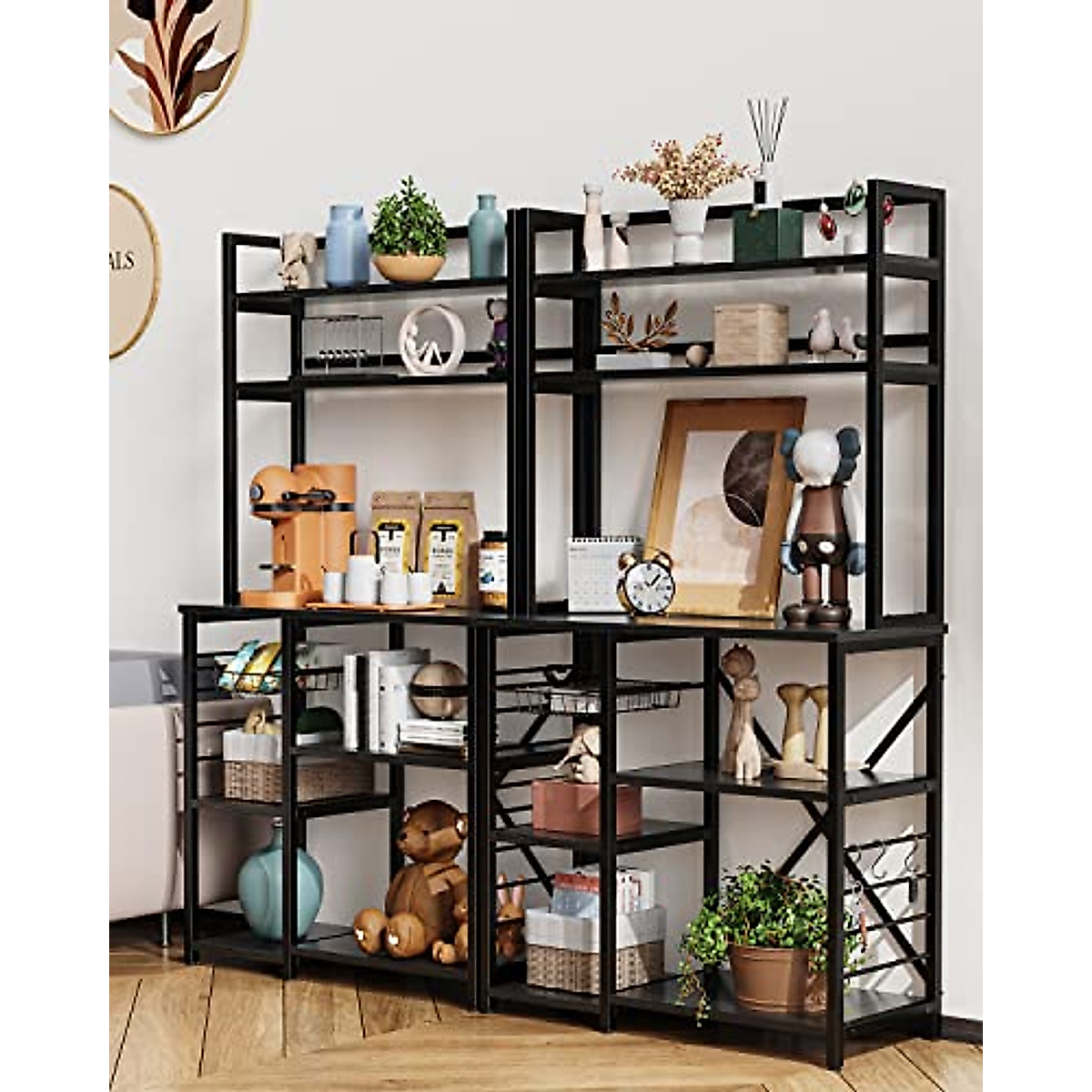 Gizoon Home Kitchen Baker's Rack with Spacious Storage, 5 Tier Versatile Microwave Stand Shelf with Basket & Side Hooks,Free Standing, Sturdy, Durable-Black