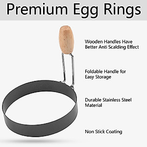 4Pcs Egg Rings With Wooden Handle, 3.5 Inch Egg Rings for Frying Eggs Stainless Steel Fried Egg Cooker Ring With Oil Brush Nonstick Griddle Egg shaper Ring Mold for Breakfast Sandwich English Muffins