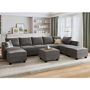 HONBAY Modular Sectional Sofa Set Oversized U Shaped Couch with Storage Ottoman Convertible Sleeper Sectional Sofa Velvet Modular Couch with Wide Chaise, Grey