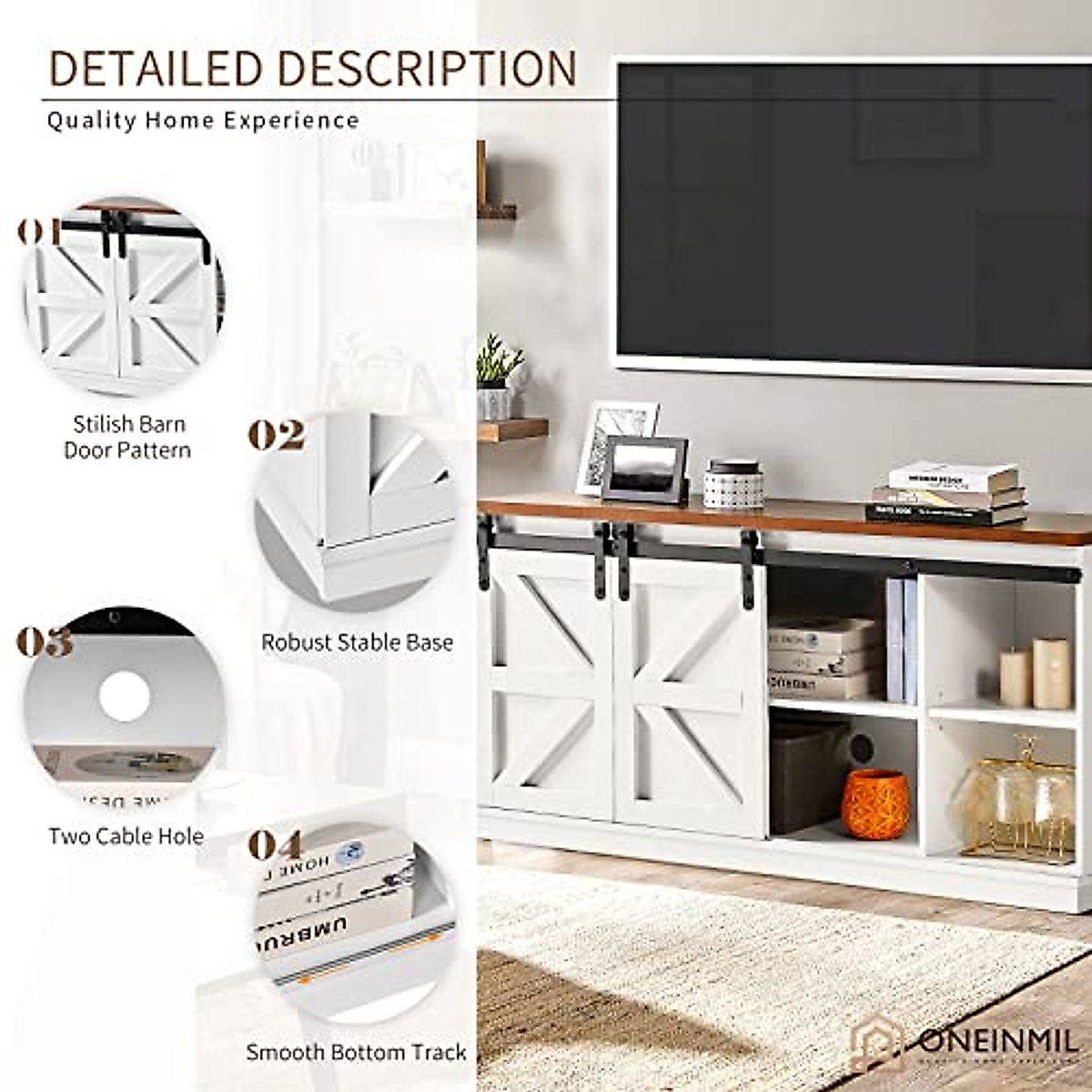 oneinmil Farmhouse TV Stand for 65 Inch TVs, Modern Rustic Entertainment Center with Sliding Barn Door and Storage Cabinets, Metal Media TV Console with Shelf for Living Room, 58 Inch,White