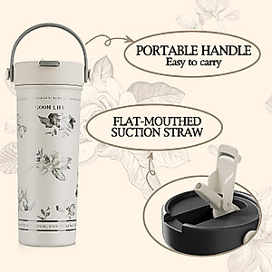 GOOM Graffiti 20oz Tumbler with Lid and Straw,Spill Proof Tumbler with Flip Straw and Top Handle,Tea Infuser,6-Layer Insulation 18/10 Stainless Steel,Cold for 24 Hours,Hot for 12 Hours - Floral White