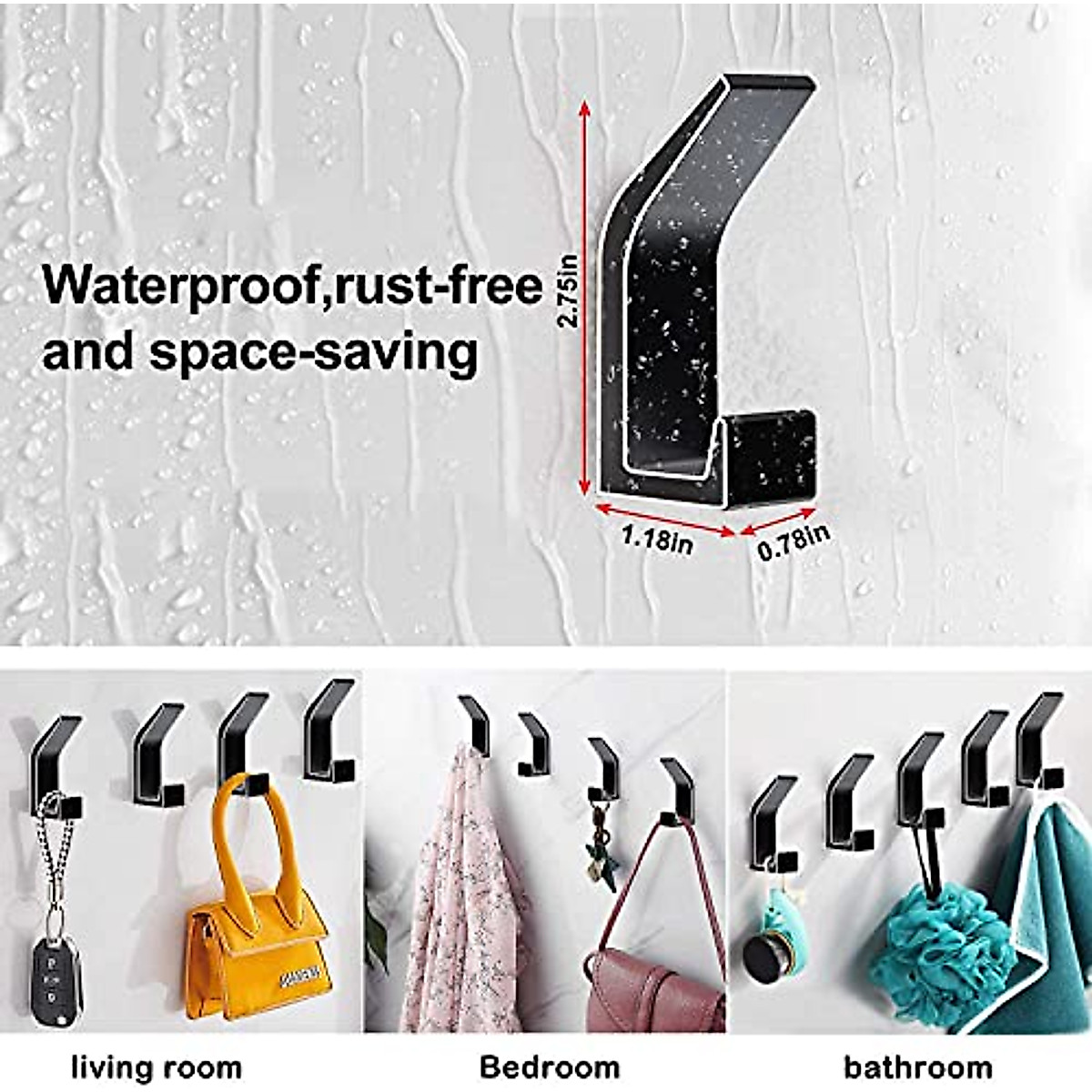 CFGROW Heavy Duty Adhesive Hook, 6 Packs Black, Coat Robe Clothes Bath Towel Hooks Wall Mounted with Strong Glue Hold 22 lbs for Home Bathroom Kitchen Modern Hotel Style, Free-Drill Ceiling Holders