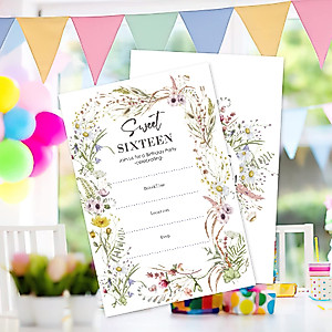 AEHIE 16th Birthday Garden Wildflowers Invitation Cards with Envelopes, 20 Count, Multicolor