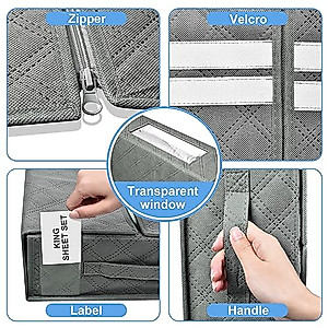 Erarrow Foldable Bed Sheet Set Organizer, Storage Box for Duvet Cover Set with Clear Window and Handles, Linen Closet Organizer for Bedding Clothes Blankets, 2 Pack (Queen or King Size),Dark Grey