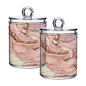 Kigai Gold Pink Marble Texture Qtip Holder Dispenser with Lids 2PCS -Bathroom Storage Organizer Set, Clear Apothecary Jars Food Storage Containers, for Tea, Coffee, Cotton Ball, Floss
