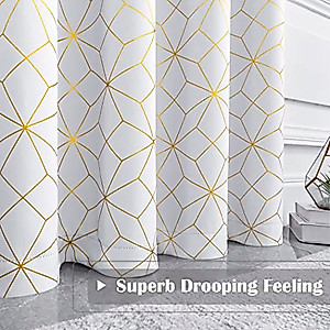 Beauoop Metallic GEO Blackout Window Curtain Panels Thermal Insulated Light Blocking Trellis Moroccan Drapes for Bedroom Living Room Diamond Grommet Window Treatment, Set of 2, 50" x 84", White/Gold
