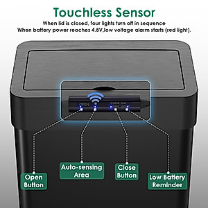 Arlopu Automatic Trash Can,Sensor Motion Stainless Steel Garbage Bin, Touchless Smart Waste Bin, W/Stay-Open, Soft Close Lid, Display Light for Kithchen, Living Room, Office (Black, 21.1gal)
