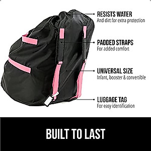 Gorilla Grip Car Seat Travel Bag, Water Dirt and Tear Resistant, Easy Carry Padded Backpack Covers for Airplane, Gate Check Bags Infant Booster Convertible Carseat Air Plane Cover, Pink