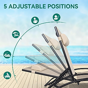 YITAHOME Outdoor Chaise Lounge Chair Set of 3, Pool Lounge Chairs with Side Table & 5-Position Adjustable Backrest, Sunbathing Recliner for Poolside, Backyard, Lawn, Deck - Khaki