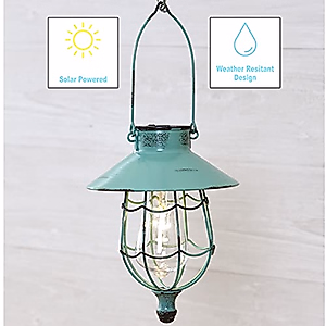 Distressed Porch Lantern - Solar-Powered Light with Vintage-Style Cage - Green