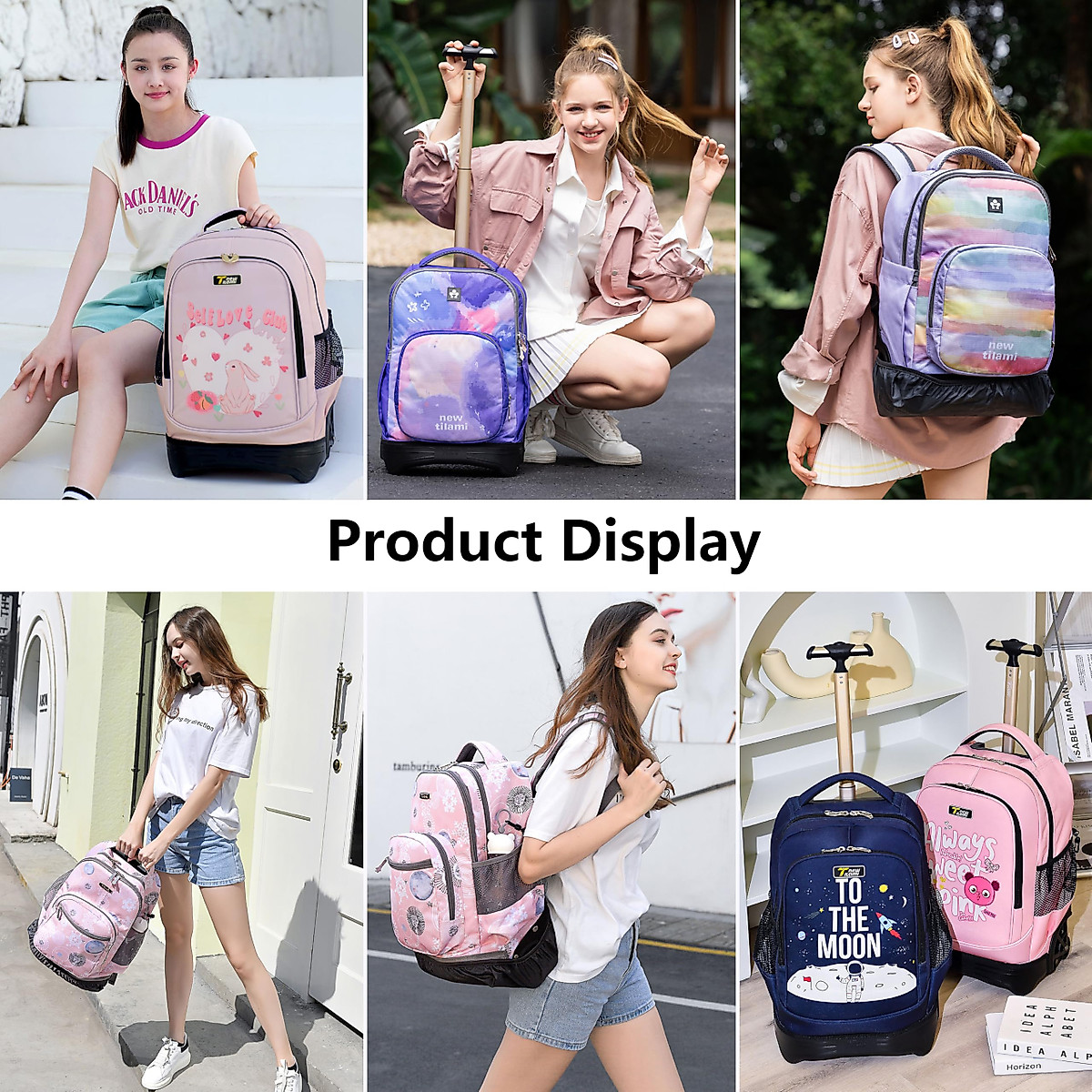 NEW TILAMI Rolling Backpack with Wheels for Boys School Adjustable Laptop Backpack with Wheels for Girls to School Travel Camping Boys Rolling Backpack Cute Cats 18 Inches