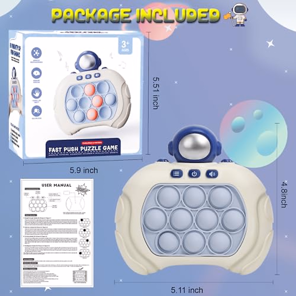 Quick Push Sensory Fidget Toys for Kids Adults, Handheld Puzzle Game, Fast Push Travel Toys, Xmas Birthday Gift for Boys Girls (Astronaut Red Light)