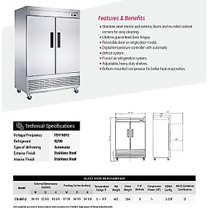 Commercial Freezer 2-Doors Solid Upright Reach in Two Section Stainless Steel NSF 54" Width, Capacity 47 Cuft, Bottom Mounted Restaurant Quality Kitchen Side by Side Cold -8°F