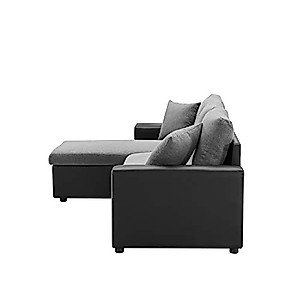 UBGO Upholstery Living Room Furniture Sets,Modular Sleeper, L-Shaped, Reversible Bed,Sectional Sofa with Storage and 2 stools Steel,Gray, Grey 3-seat Chaise Longue