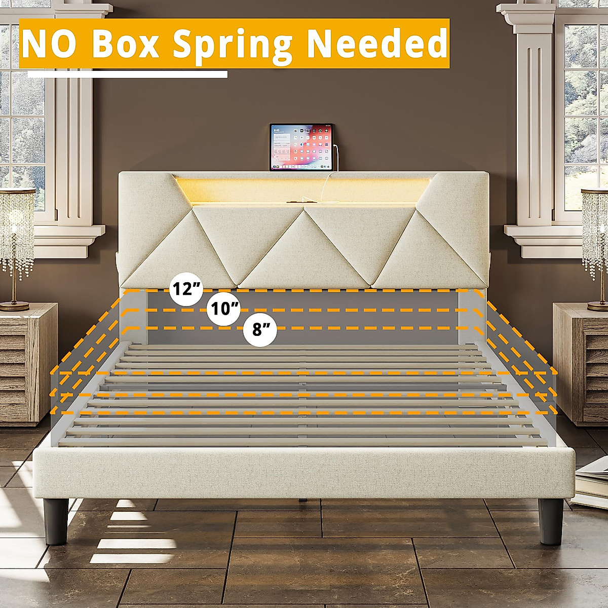 ANCTOR Twin Bed Frame with Storage Headboard and Charging Station, LED Lights Upholstered Platform Bed, Heavy Duty Steel Support Legs, Easy Assembly, Noise Free, Beige