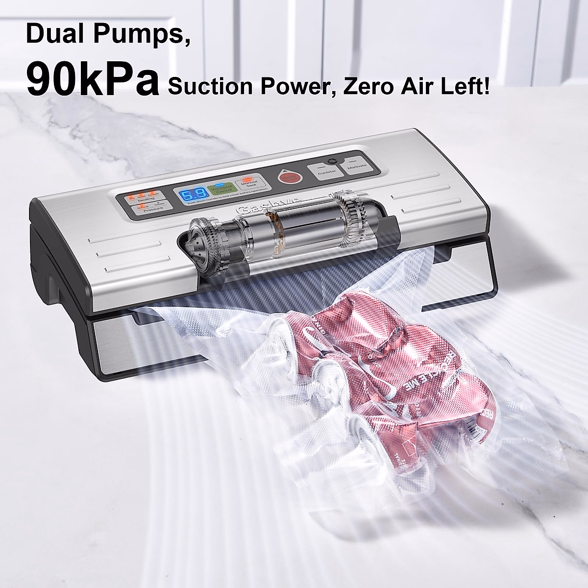 Gasbye Vacuum Sealer Machine, 90kPa Food Sealer with Double Heat Seal for Dry/Moist Food, Easy-lock Handle, Built-in Bag Storage & Cutter, Progress Display, Removable Drip Tray, Silver