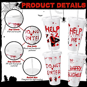 Dandat 24 Pcs Halloween Plastic Cups 24Oz Halloween Bloody Handprint Cups Halloween Reusable Cups with Lids and Straws Halloween Party Favors Supplies Halloween Cups for Adults Party Decoration