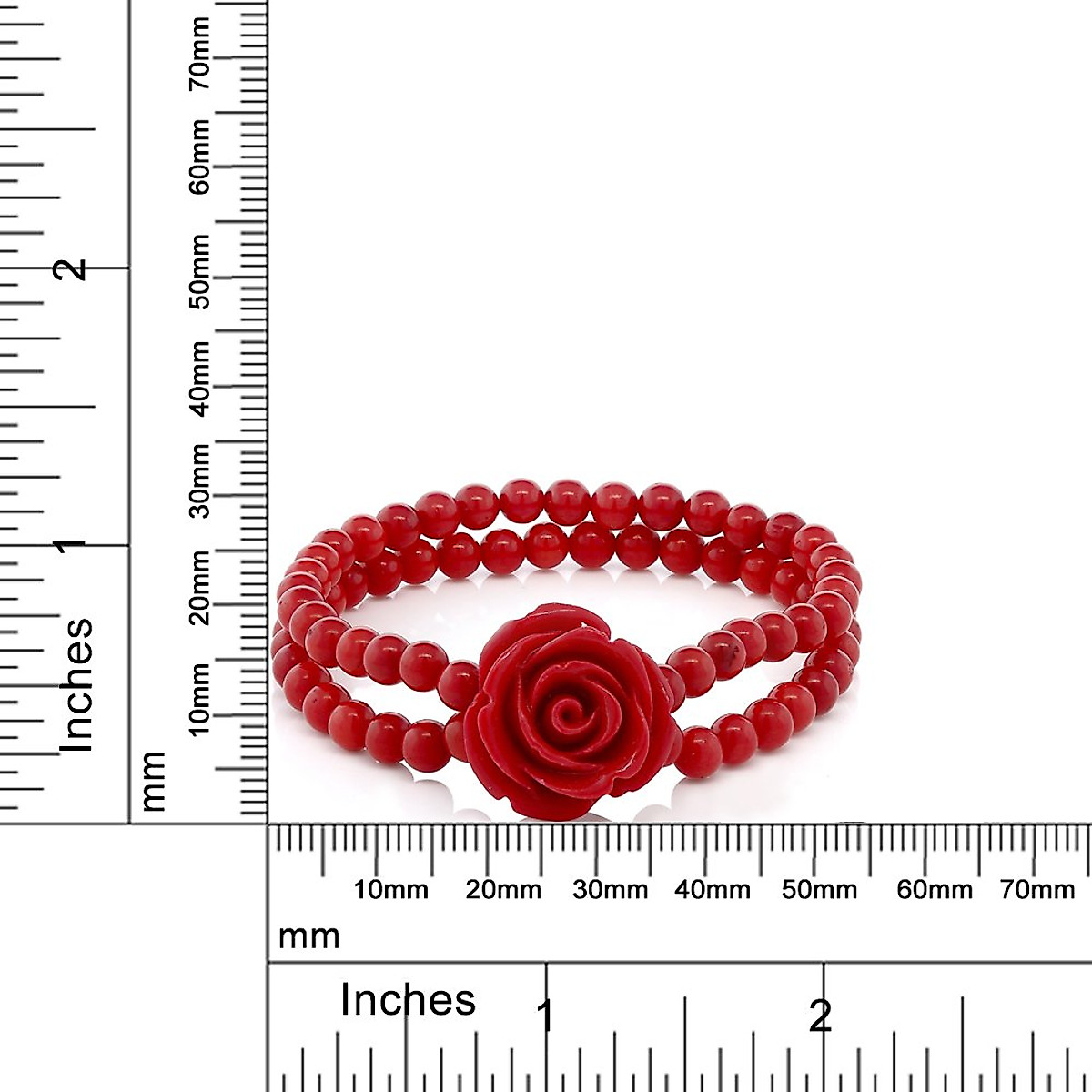 Gem Stone King 7 Inch Red Simulated Coral Bead Rose Flower Stretch Bracelet for Women 5mm