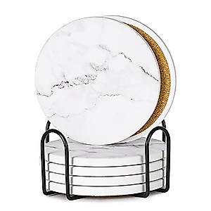 Absorbent Coasters for Drinks ,Ceramic Coaster Set of 6 with Holder, Durable Cup Coaster for Coffee Table with Cork Base for Table Protection, Housewarming Birthday Gifts, Home Decor (White Marble)