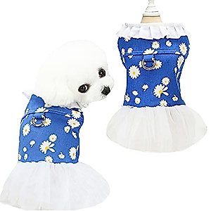 APIOF Dog Dress Harness for Small Medium Dogs Girl Cute Blue Daisy White Sheer Tutu Princess Birthday Party Dresses Pet Clothes Outfits Apparel