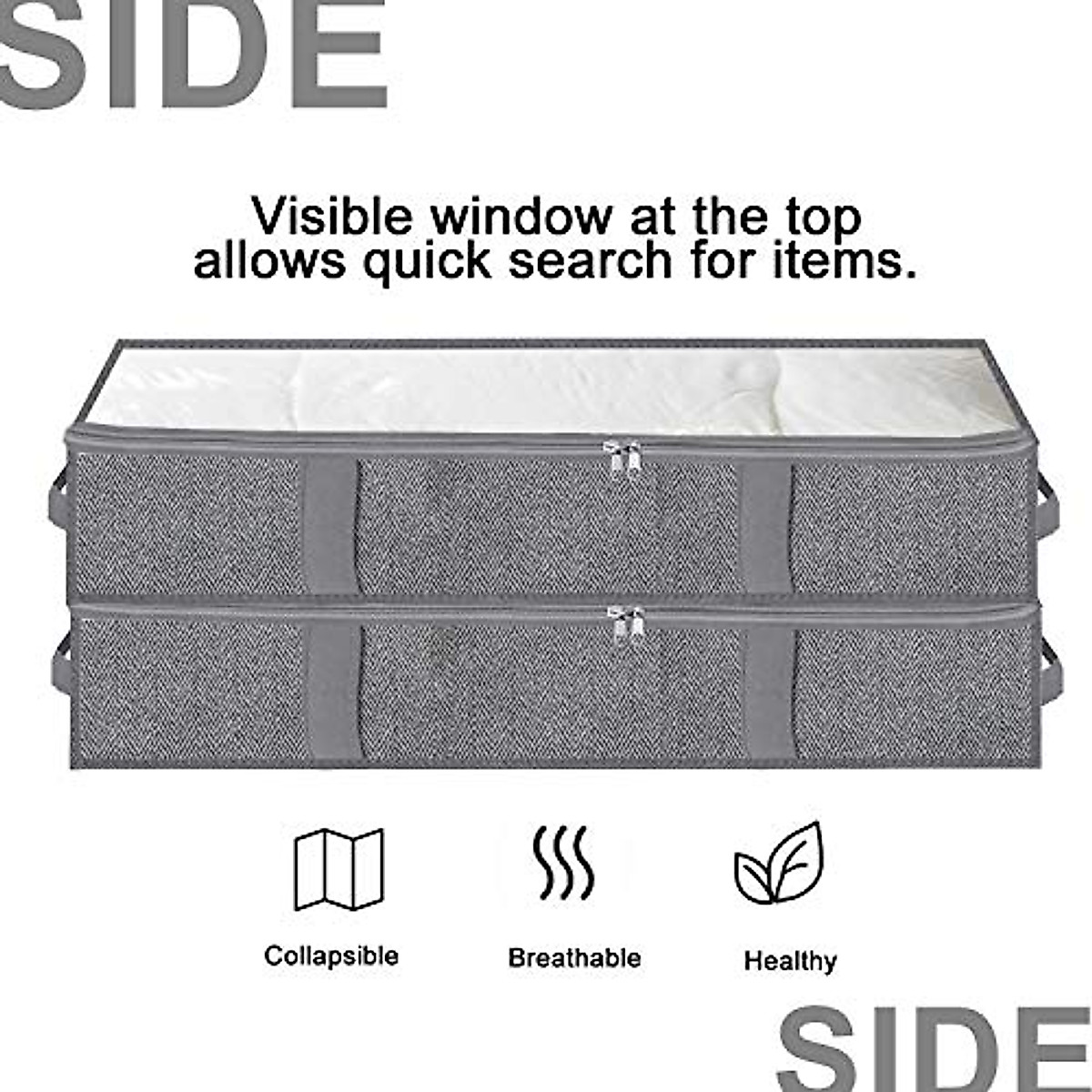 Under the Bed Storage Bags Container,Foldable Large Capacity Underbed Bins Organizer with 4 Strong Handles,2 Sturdy Zippers and Clear Window for Blanket Comforter Clothing Bedding