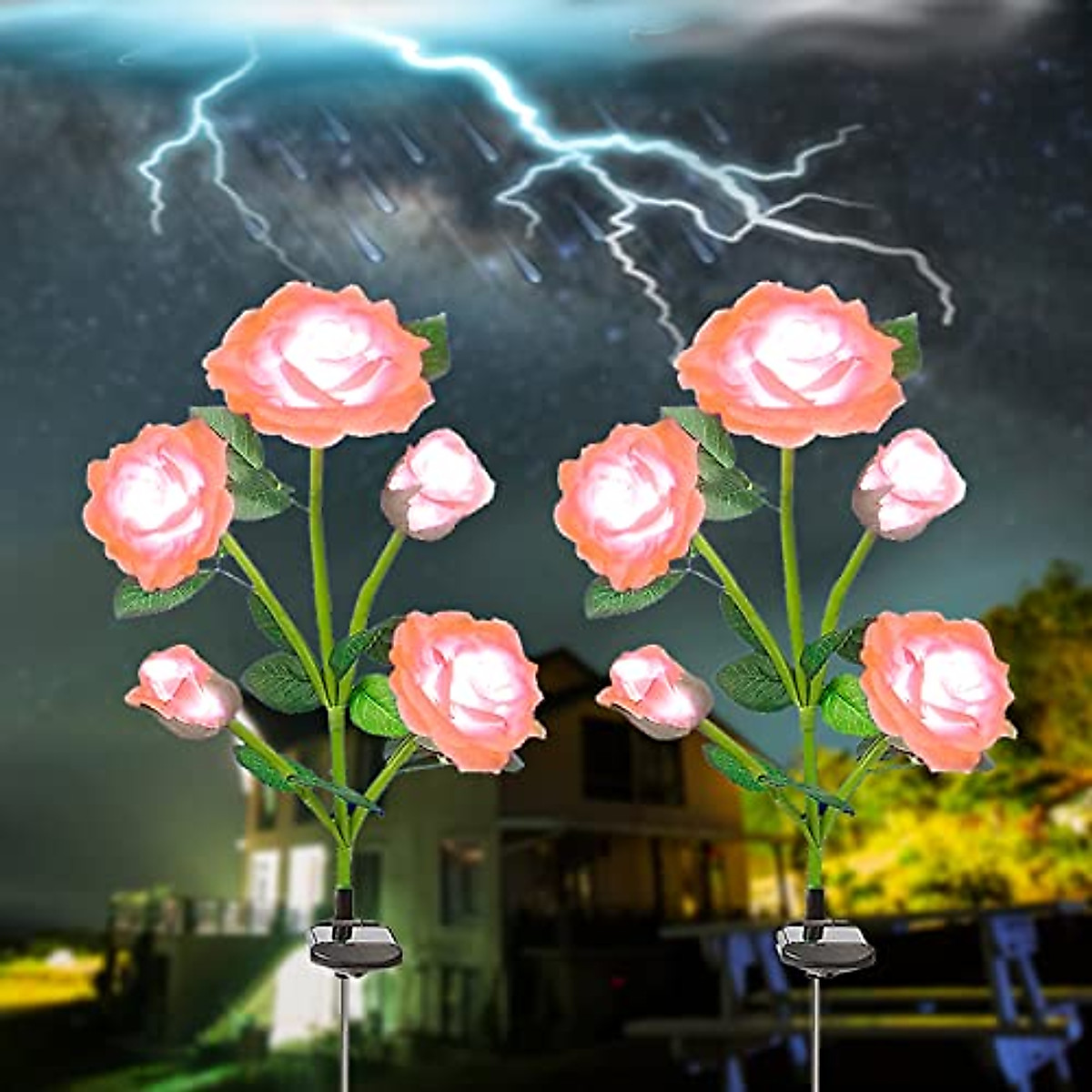 SmilingTown Solar Garden Stake Lights 2 Pack with 10 Rose Flowers Landscape Path Decorative Lights Waterproof for Outdoor Yard Grave Cemetery Pathway Courtyard Lawn (Pink)