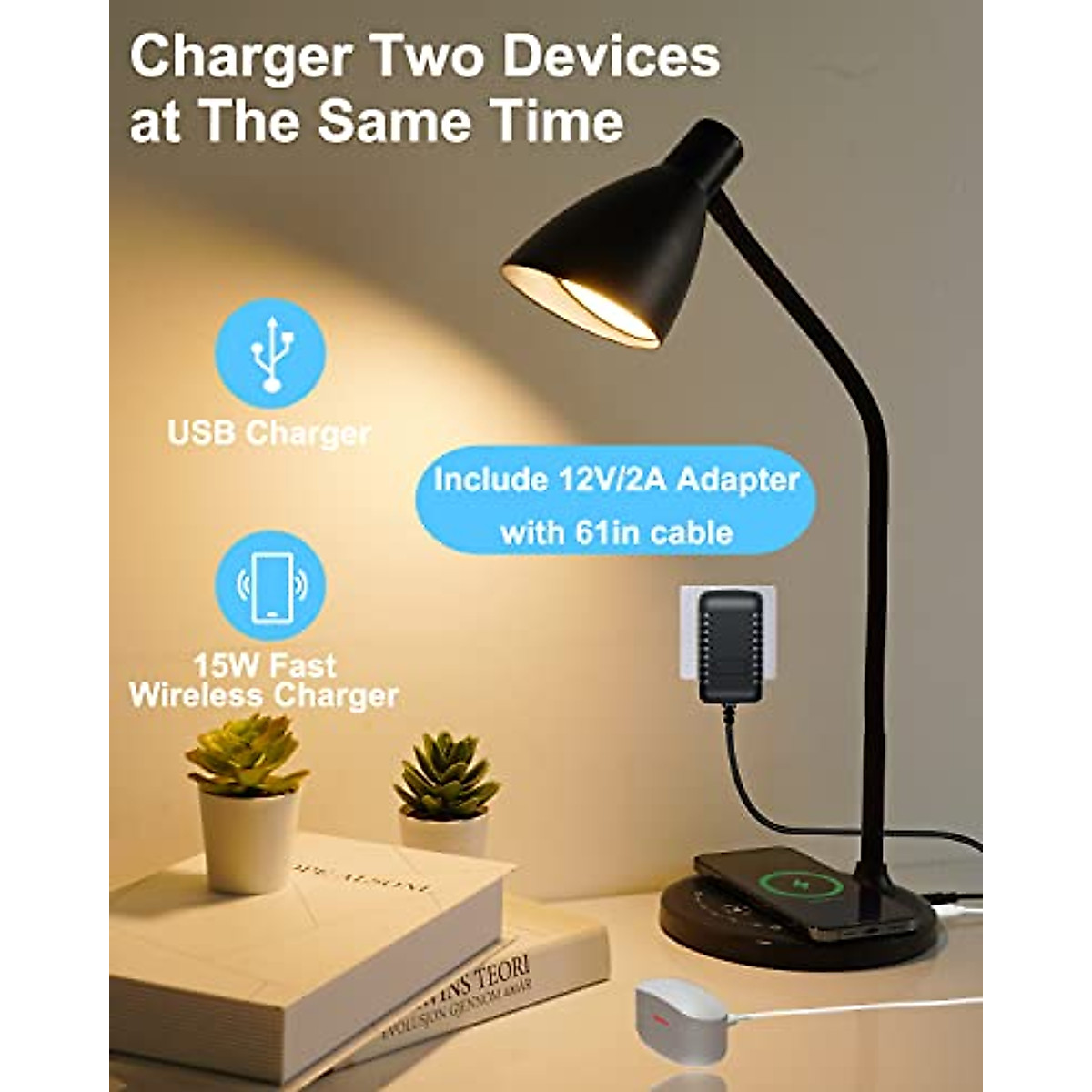 KAiSnova Desk Lamp with Wireless Charger & USB Charging Port, 60 LED Desk Lamps for Home Office, 5 Color & 7 Levels Brightness Touch Control Table Lamp, Gooseneck Desk Lamps for Bedroom Bedside Dorm
