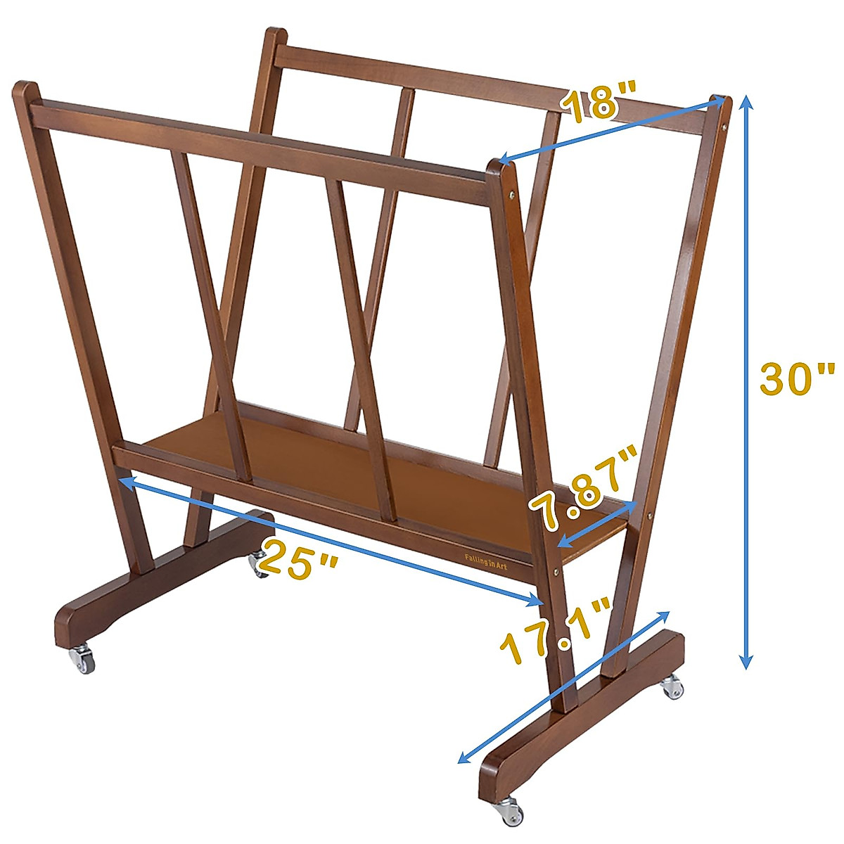 Falling in Art Large Wooden Print Rack, Art Drying and Display Rack with Rolling Casters, Storage Rack for Canvas, Prints, Panels, Posters, Shows and Art Exhibitions, Brown