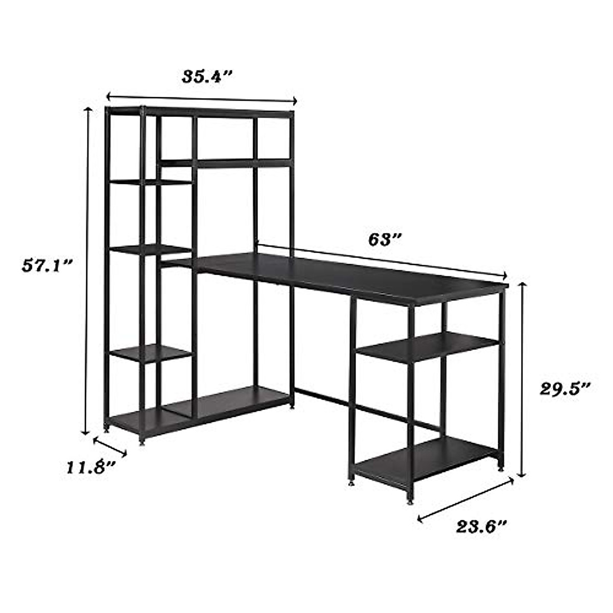 Modern Luxe L-Shaped Corner with Bookshelf 2-Pieces Computer PC Table Set Home Office Desk with Shelves, Black