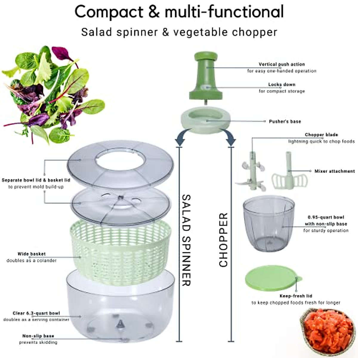Brieftons Salad Spinner and Chopper: Large 6.3-Quart Lettuce Greens Vegetable Washer Dryer, with Bonus 0.95-Quart Veggie Chopper Mixer, Compact Storage, Easy Push Operation for Quick Veggie Prepping