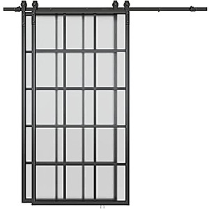 BARNSMITH Bypass Double Glass Barn Door 84 x 84 in with 7.5FT Side-Mounted Hardware Kit, 2 Sets of 42x84 Frosted Glass Aluminum Frame Barn Door,Assemble Required (2 * 42inx 84in)