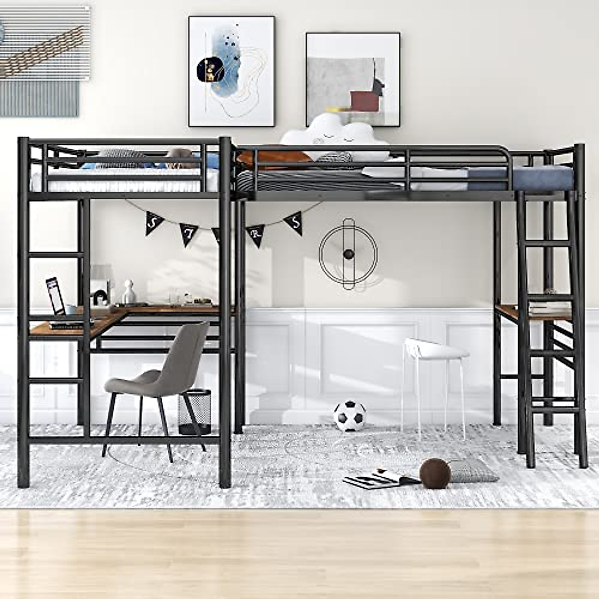 L Shaped Metal Loft Bed with Desk, Modern Style Heavy-Duty Steel Frame Twin Loft Bed with Safety Rail, Built-in Ladder for Bedroom, Dorm, Boys, Girls, Adults (Twin Size, Black)