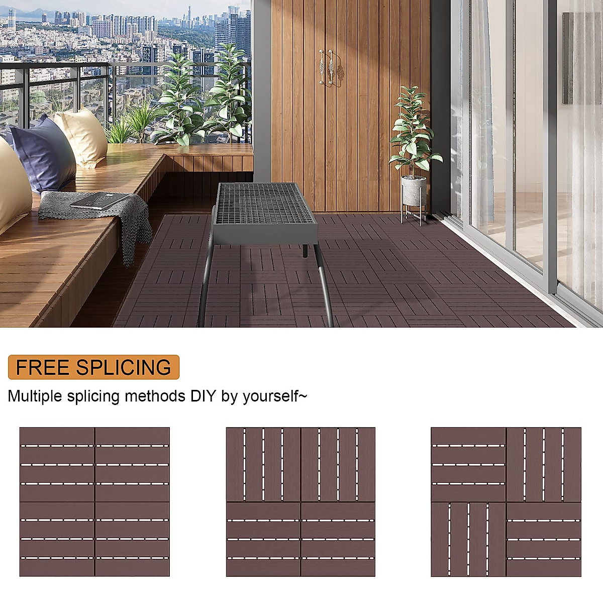 Goovilla Plastic Interlocking Deck Tiles, 9 Pack Patio Deck Tiles, 12"x12" Waterproof Outdoor Flooring All Weather Use, Patio Floor Decking Tiles for Porch Poolside Balcony Backyard, Dark Brown