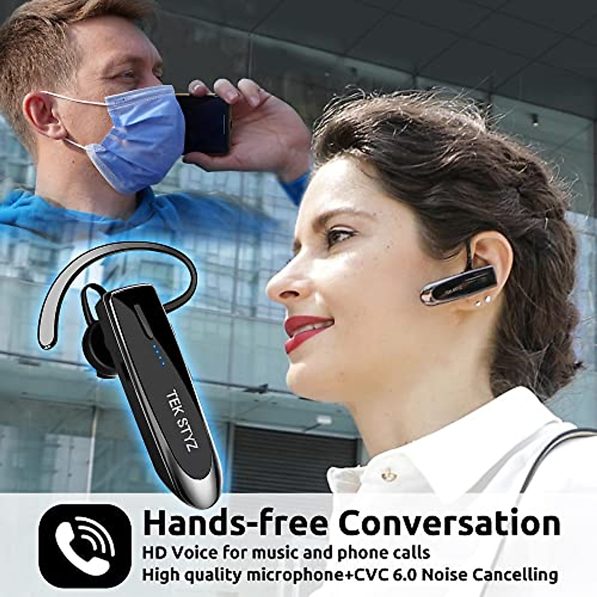Tek Styz V5.0 CSR Wireless Bluetooth Earpiece for iPhone, Android, Samsung,Laptop,Tablet with Mic, IPX3 Waterproof Headset with CVC 6.0 Dual Noise Cancelling Technology and 24H Talk Time/Playtime